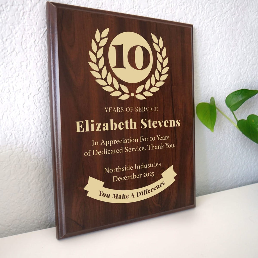 10 Years of Service Award Plaque | Personalized Employee Recognition ...